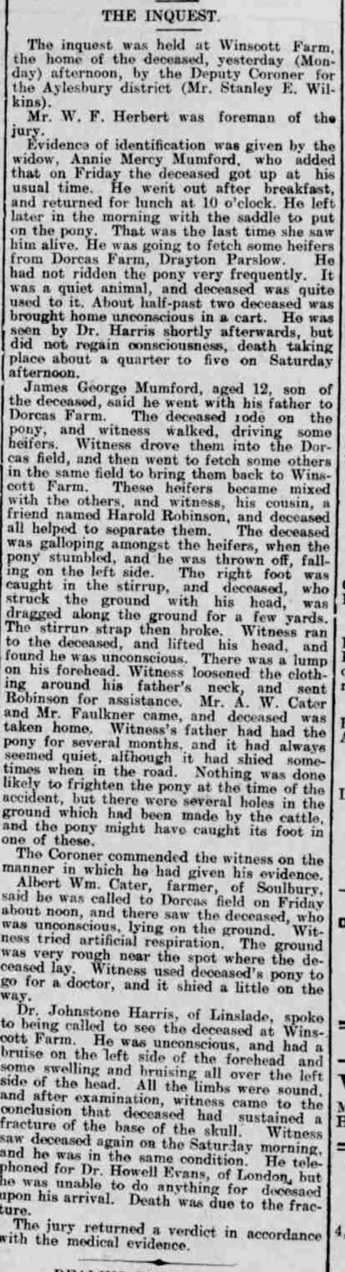 The tragic farming death near Aylesbury - 1913 - Old British News